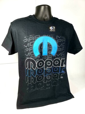 Black T-Shirt w/ Blue Mopar "M" Emblem & Three Color MOPAR Script | eBay