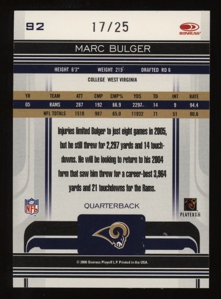 2006 Marc Bulger Donruss Gridiron Gear Platinum Holofoil X #17/25 | eBay