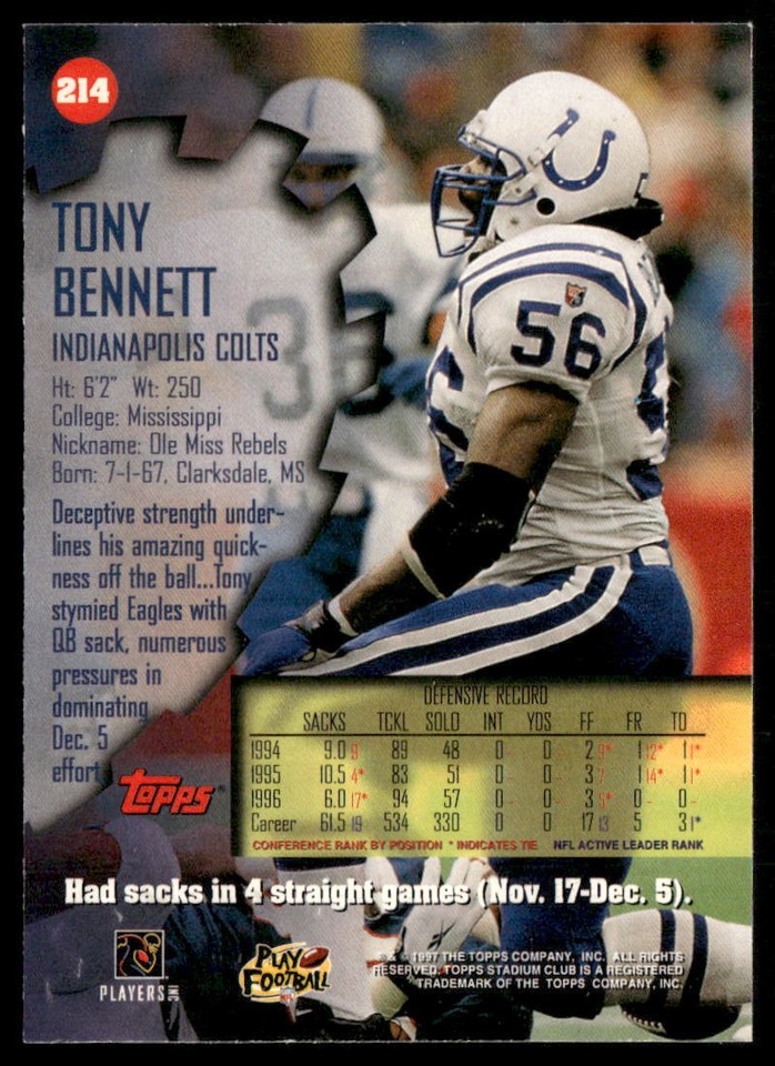 Tony Bennett 1997 Stadium Club #214 Indianapolis Colts | eBay