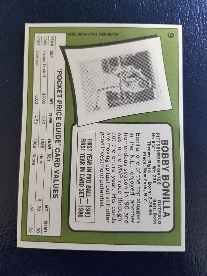 Bobby Bonilla Pittsburgh Pirate 1991 BB Card Price Guide Monthly #9 ...