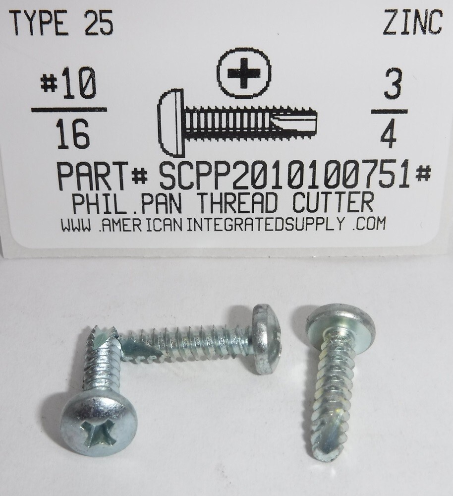 #10-16x3/4" Pan Phillips Thread Cutting Screws Type 25 Steel Zinc ...