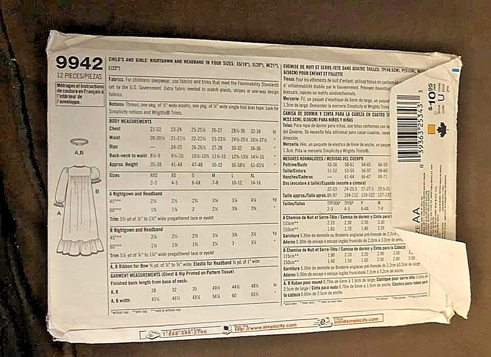 Simplicity 9942 GIRLS Victorian NIGHTGOWN & HEADBAND Sz XXS-S PJ's ...