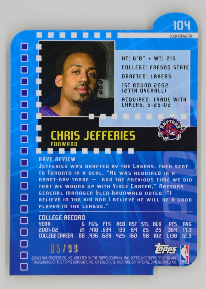 2002-03 Topps Pristine #104 Chris Jefferies /99 Refractors Gold Toronto ...