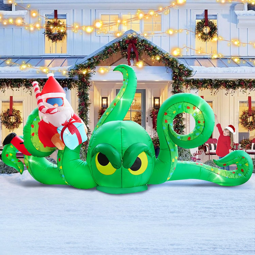 12FT Christmas Inflatables Green Octopus with Santa and Gift Box ...