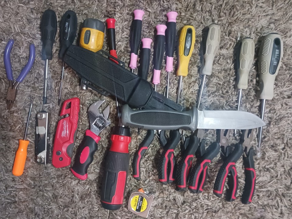 Lot Of Tools-Screwdrivers, Pliers, Allen Tool, Tape Measure, Knife ...