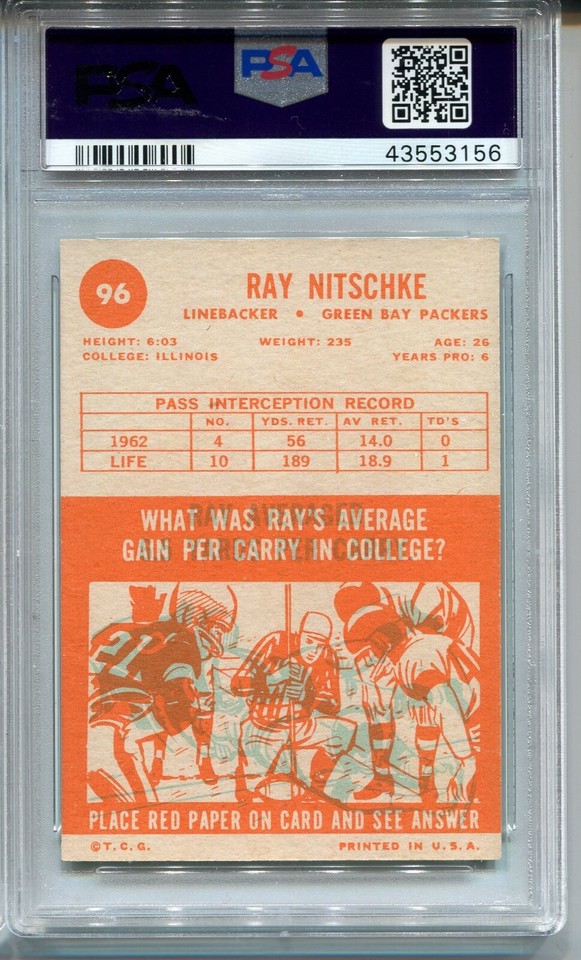 1963 Topps Ray Nitschke Rookie Card Graded PSA 7.5 NR MINT+ Packers ...