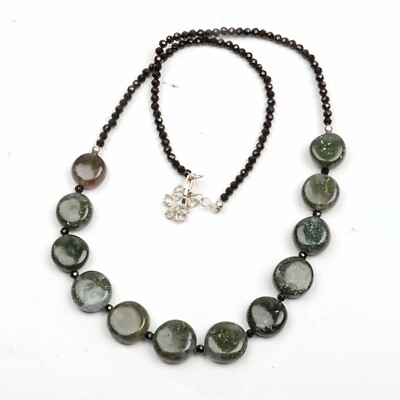 Natural Moss Agate & Spinal Necklace 16 Inch Smooth Coin Shape 11-12 MM ...