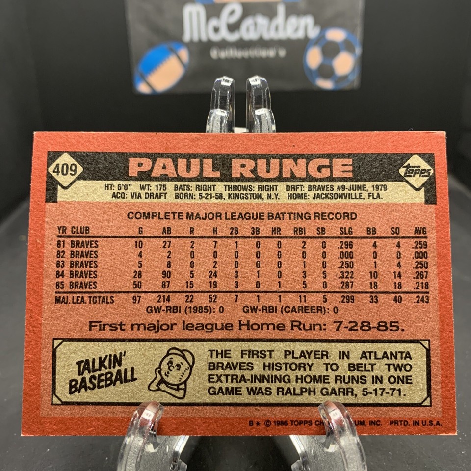 1986 Topps Paul Runge #409 Rookie RC Atlanta Braves | eBay