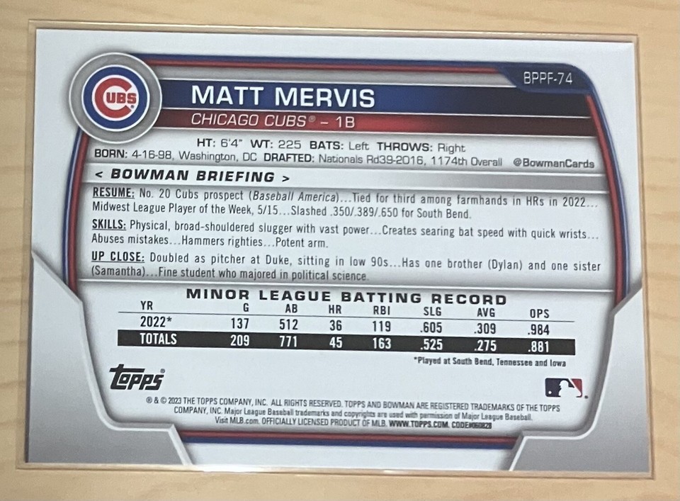 2023 Bowman 1st Edition - #BPPF-74 Matt Mervis (RC) Chicago Cubs | eBay
