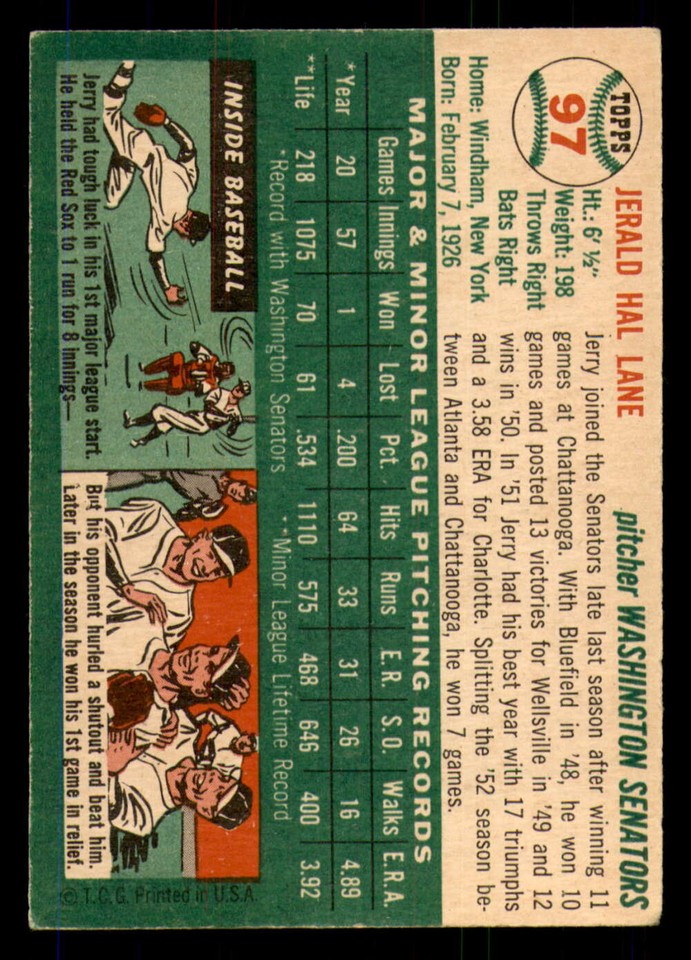 1954 Topps #97 Jerry Lane Very Good RC Rookie Senators ID:298623 | eBay