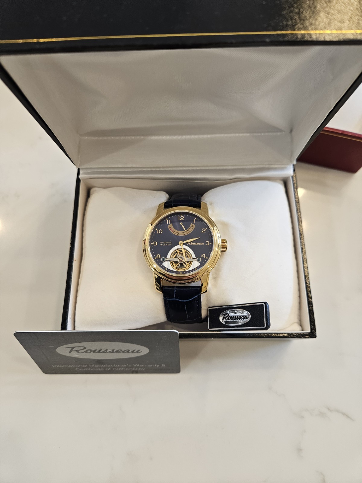 Rousseau Men's Automatic Watch Power Res. Part Skeleton NOS Gold/ Blue ...