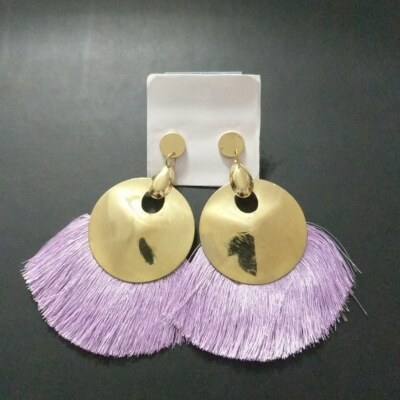 Gold Tone Disc Light Purple Silk Thread Fringe Statement Earrings | eBay