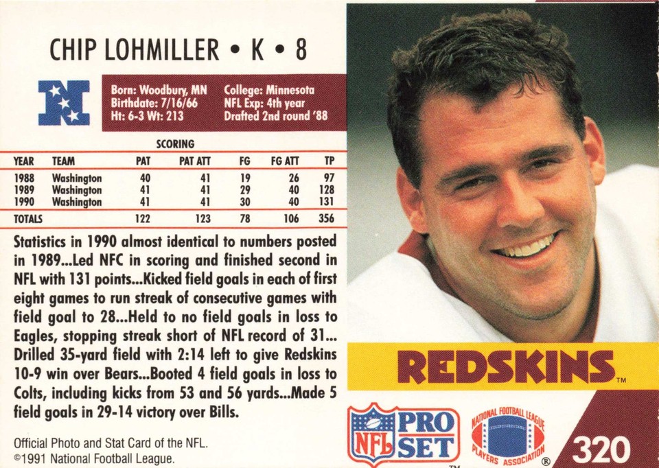 Chip Lohmiller 1991 Pro Set #320 Washington Redskins | eBay