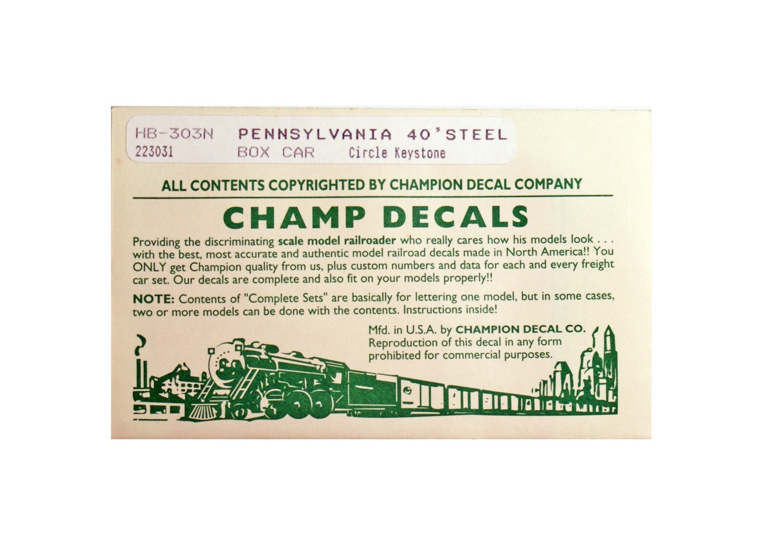 Pennsylvania Railroad Decals, HO Champ HB-303N, 40' Box Car, Circle ...