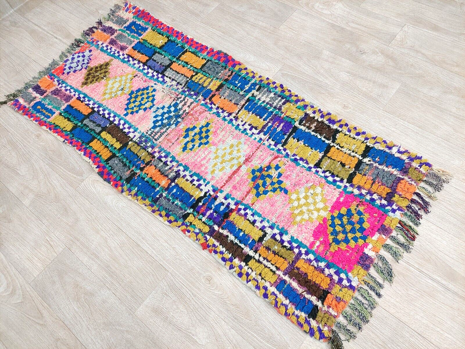 Vintage Moroccan Berber Pink Rug 2x5 Colorful Geometric Boujaad Boho ...