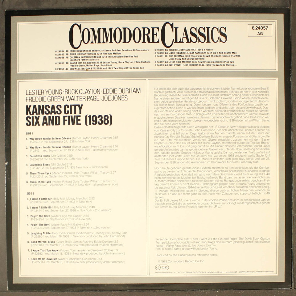LESTER YOUNG & OTHERS: kansas city six and five (1938) COMMODORE ...