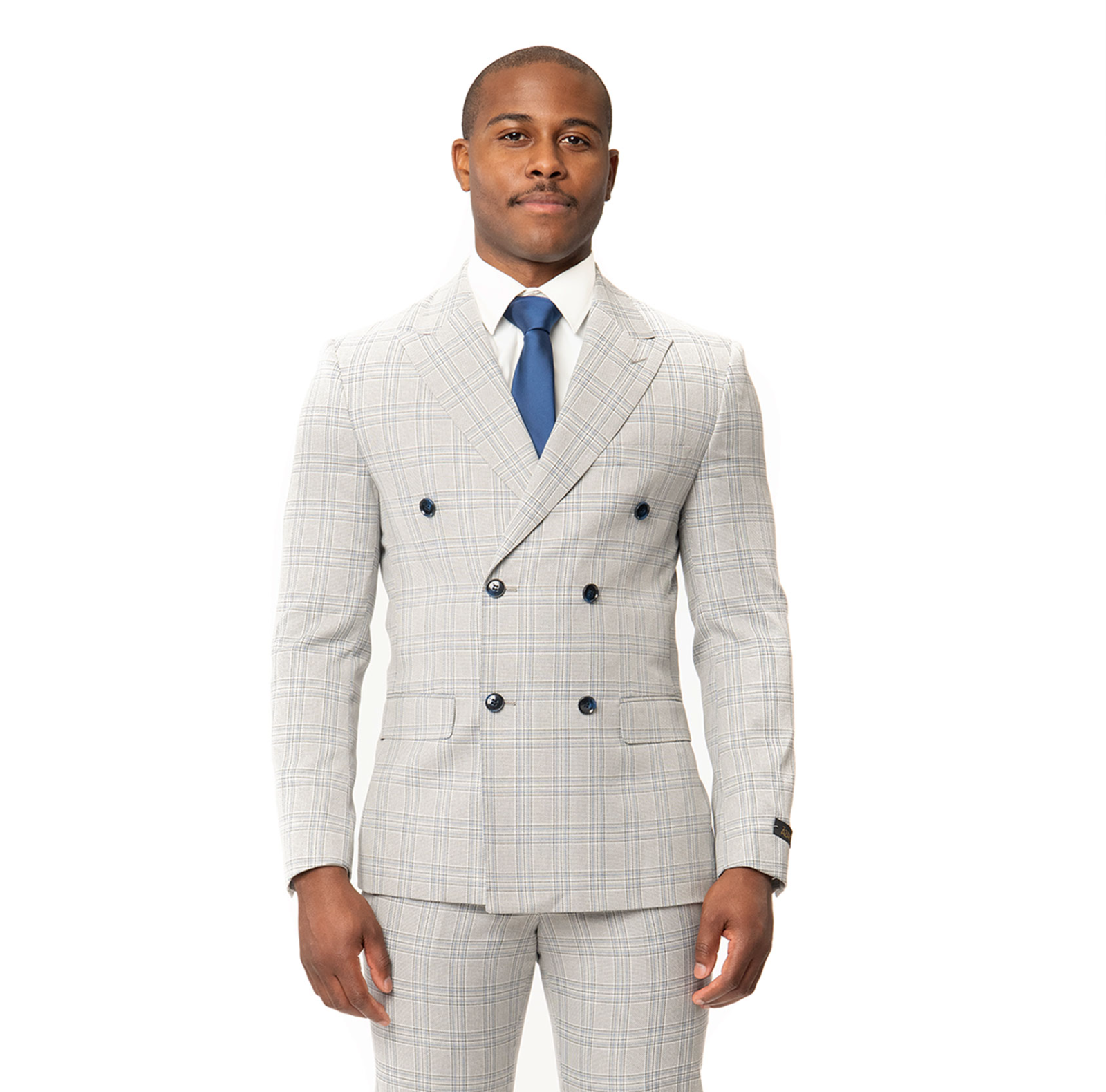 Slim Fit Double Breast Mens Plaid Blazer Chalk Grey 2 Button Peak Lapel ...