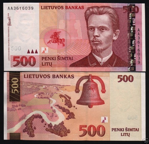 Lithuania 500 LITU P-64 2000 "AA" Prefix RARE UNC Pre Euro Lithuanian ...