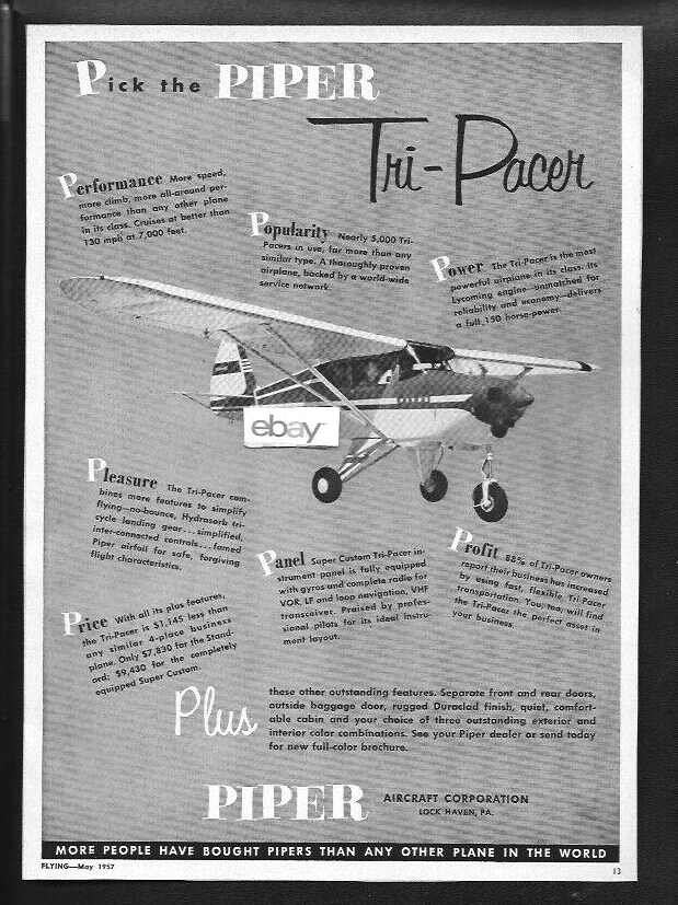 PIPER AIRCRAFT CORP 1956 THE TRI-PACER PICK THE PIPER FOR MANY REASONS ...