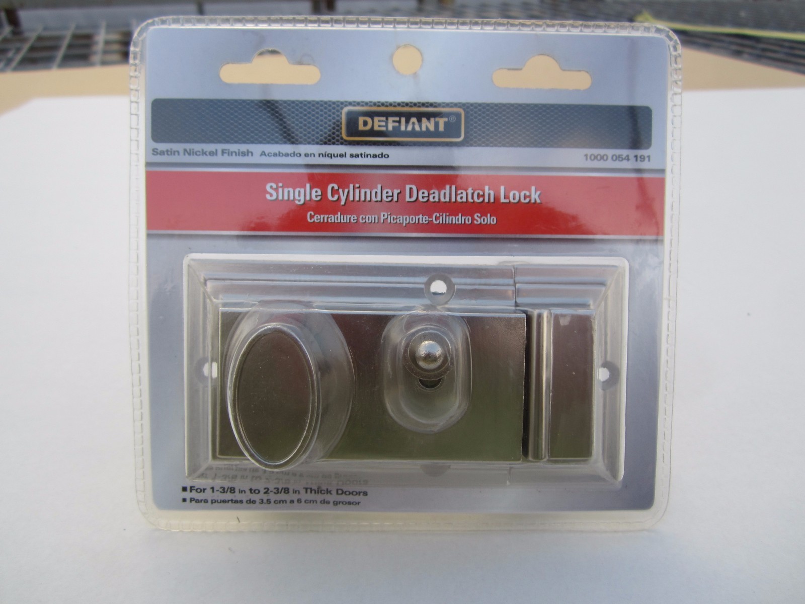 Defiant 1-3/8 in. x 2-3/8 in. Single Cylinder Satin Nickel Deadlatch ...