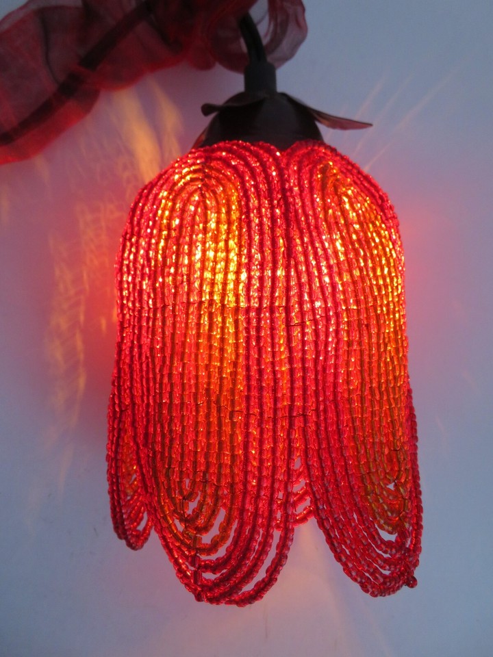 Small Beaded Swag Light Hanging Lamp Tulip Shape Orange Amber Boho New ...