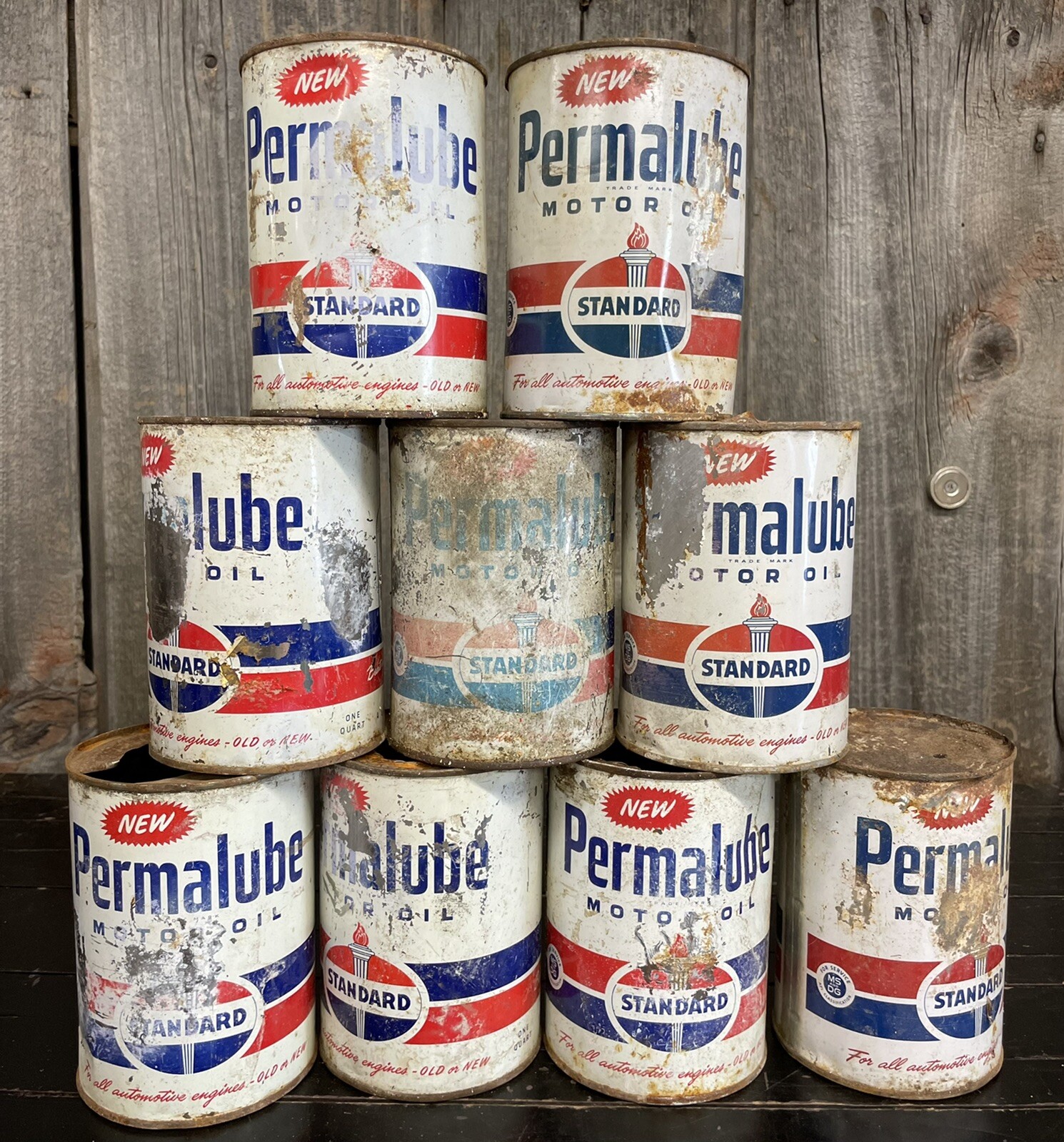 Lot of 9 Barn Fresh Vintage Standard Motor Oil Permalube Tin Cans ...