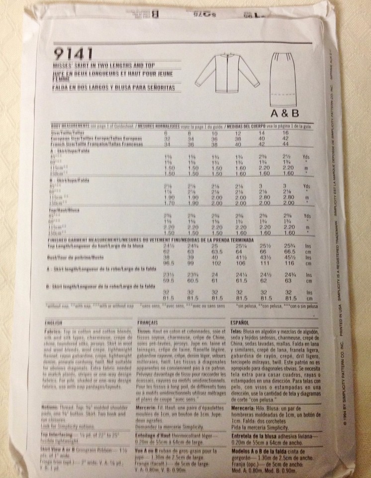 SIMPLICITY So Easy Skirt, Top, pattern #9141 Misses Size 6-16 UNCUT | eBay