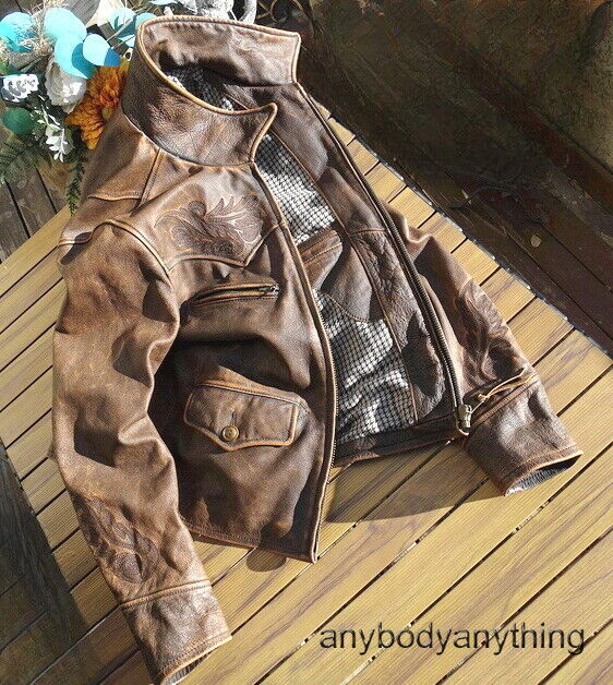 Mens Vintage Style Tea-core Calfskin Leather Jacket Embroidery Washed ...