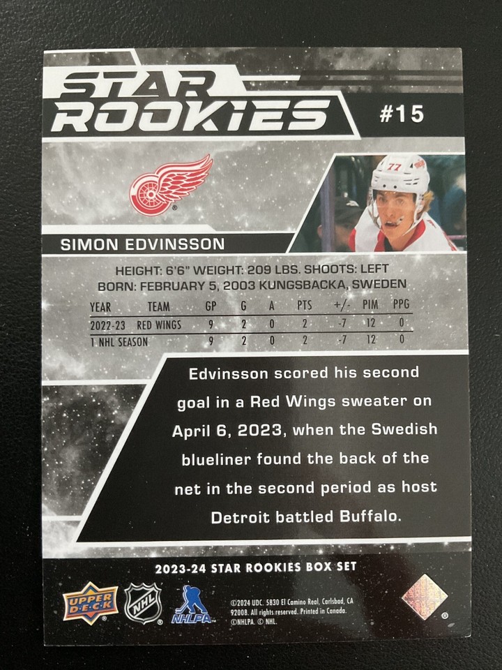 Simon Edvinsson 2023-24 Upper Deck Star Rookies Blue Parallel RC Card ...
