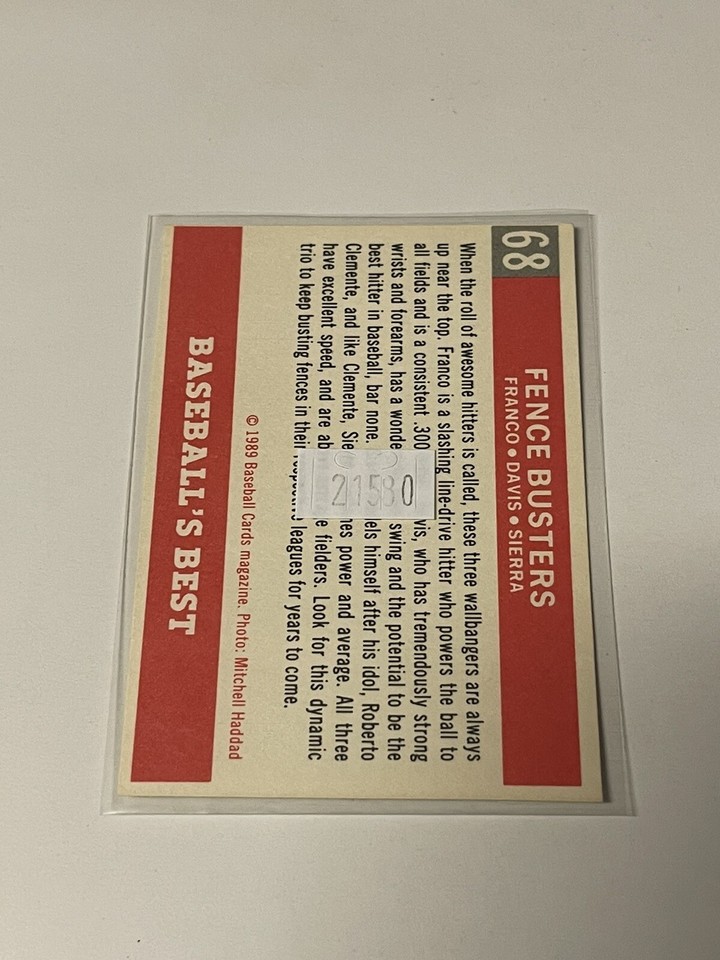 1989 Baseball Card Magazine #68 Fence Busters Franco/Davis/Sierra ...