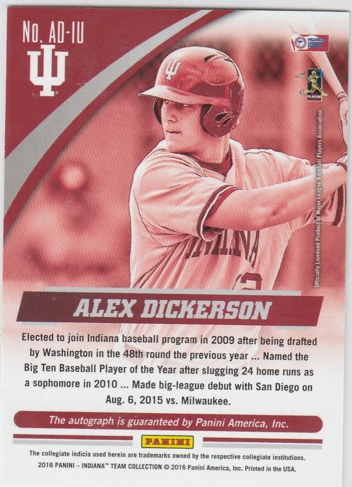 ALEX DICKERSON 2016 PANINI INDIANA AUTOGRAPH SIGNATURE AUTO SIG AD-IU ...