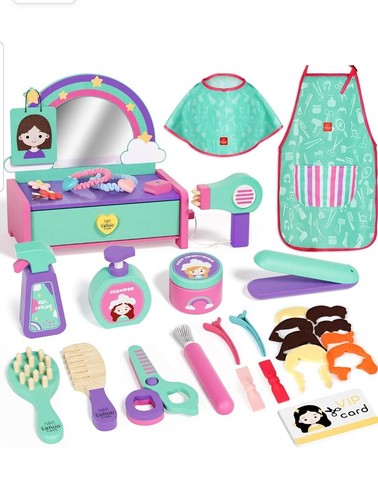 Wooden Kids Hairdressing Set, Hair Salon Pretend Playset for Girls Toys ...