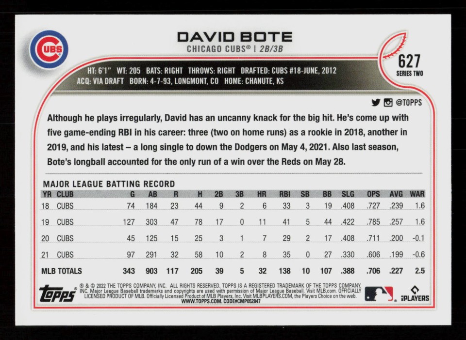 2022 Topps David Bote #627 Chicago Cubs Baseball Card | eBay