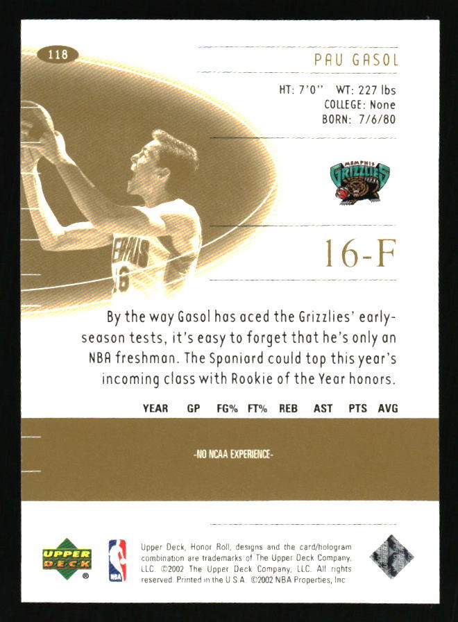 2001 Upper Deck Honor Roll #118 Pau Gasol Rookie | eBay