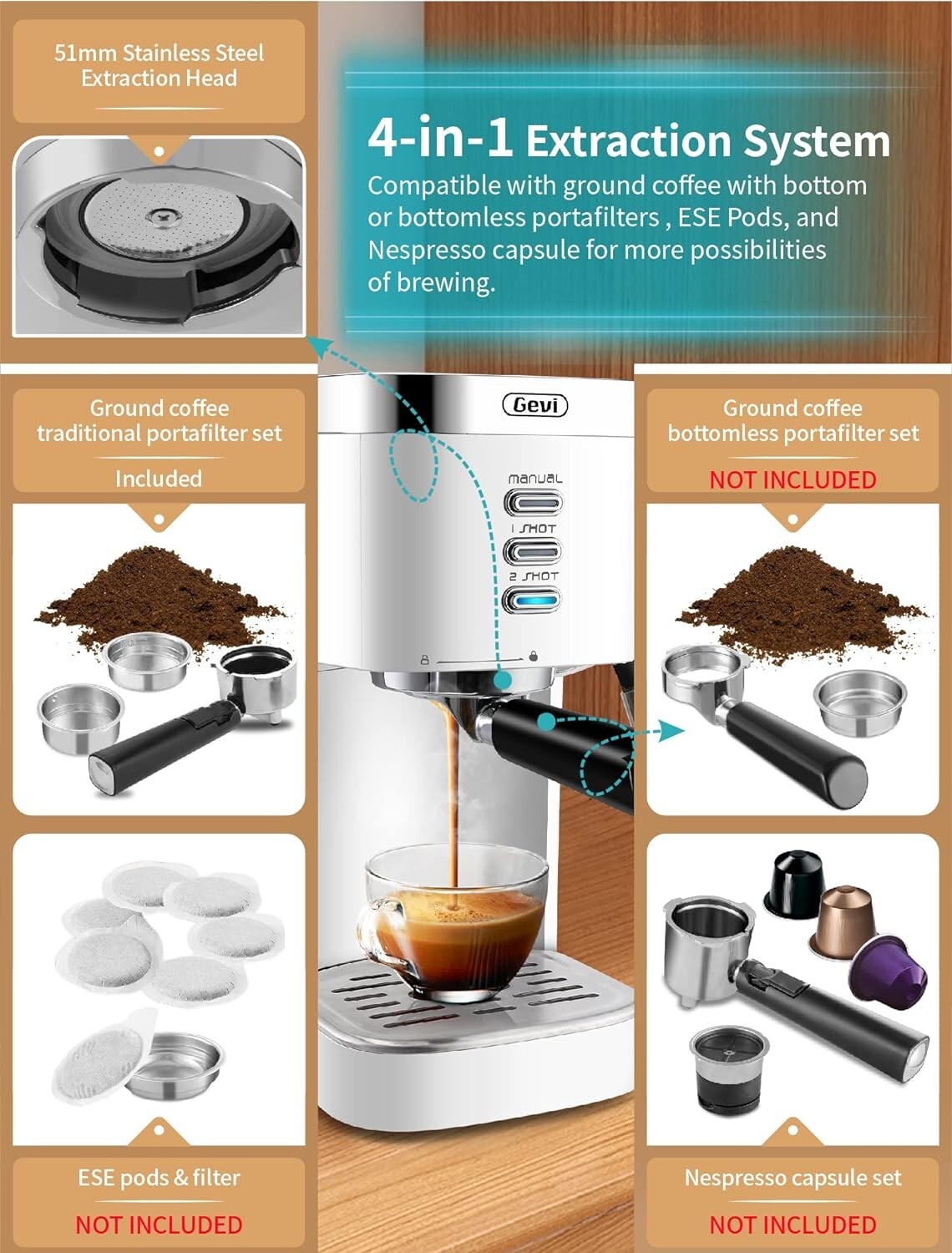 Gevi Espresso Automatic Fast Coffee Maker CappuccinoLatte 20 Bar 12L ...