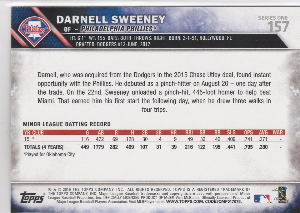 2016 Topps Limited Edition #157 Darnell Sweeney Philadelphia Phillies ...