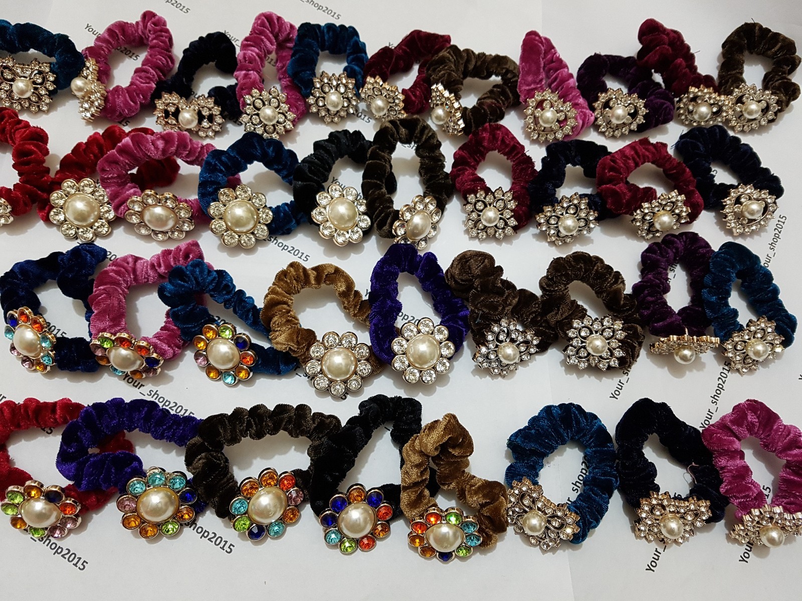 GEM CZECH BEADED VELVET SCRUNCHIES ELASTIC SNAG FREE HAIR BOBBLES HAIR ...