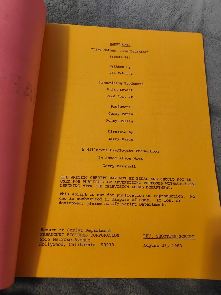 Happy Days Original Tv Script Episode "Like Mother, Like Daughter ...