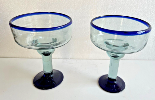 Margarita Glasses Large Mexican Hand-Blown Cobalt Blue Rim & Base Set ...
