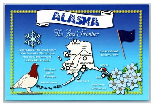 AK Alaska Last Frontier State Facts Map Bird Flag 6x4 Size Unposted ...