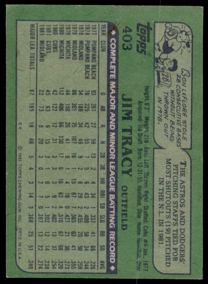 1982 TOPPS JIM TRACY CHICAGO CUBS #403 | eBay
