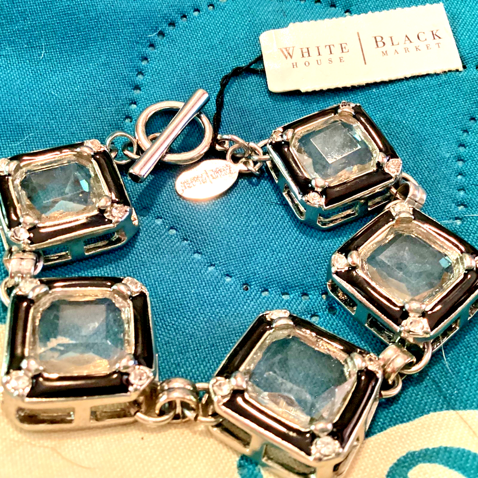WHBM chunky Clear Rhinestone & Black White Enamel Toggle Bracelet NEW w ...