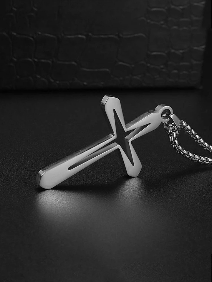 Cross inside a cross pendant necklace silver plated over stainless ...