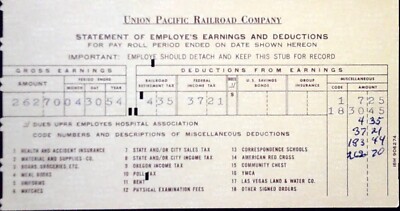 Union Pacific Railroad Payroll Slip Employee Earnings Wage Stub Form 4 ...
