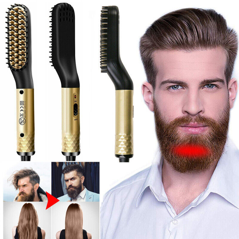 Electric Quick Heated Beard Straightener Brush Hair Comb Curling Curler ...