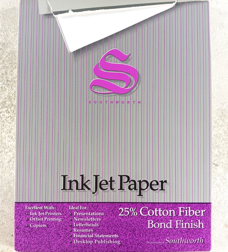 Southworth Ink Jet Paper White 100 Sheets 25% Cotton Fiber Bond Finish ...