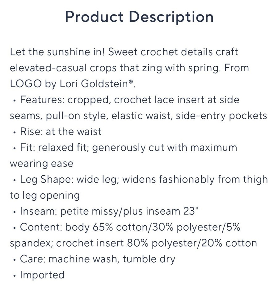 Logo Lori Goldstein Petite 1X White Cropped Wide Leg Pant Crochet ...