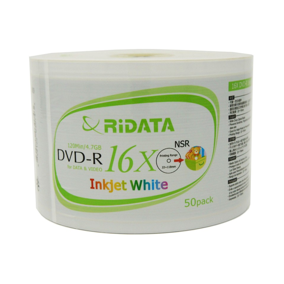 1000 Pcs Ridata DVD-R 16X 4.7GB White Inkjet Hub Printable Blank ...