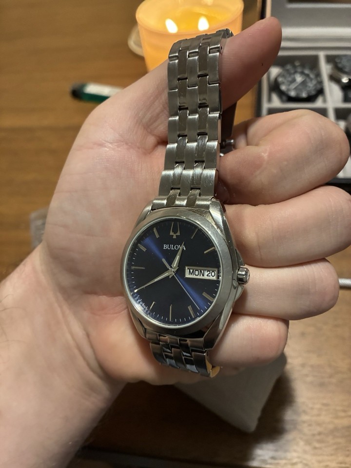 Bulova Men's Stainless Steel Blue Face Dial Date & Day Watch 96C129 | eBay