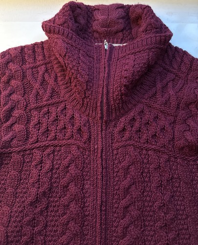Aran Crafts-Burgundy Zip Front Cardigan Jacket- Hand Knit Merino Wool ...